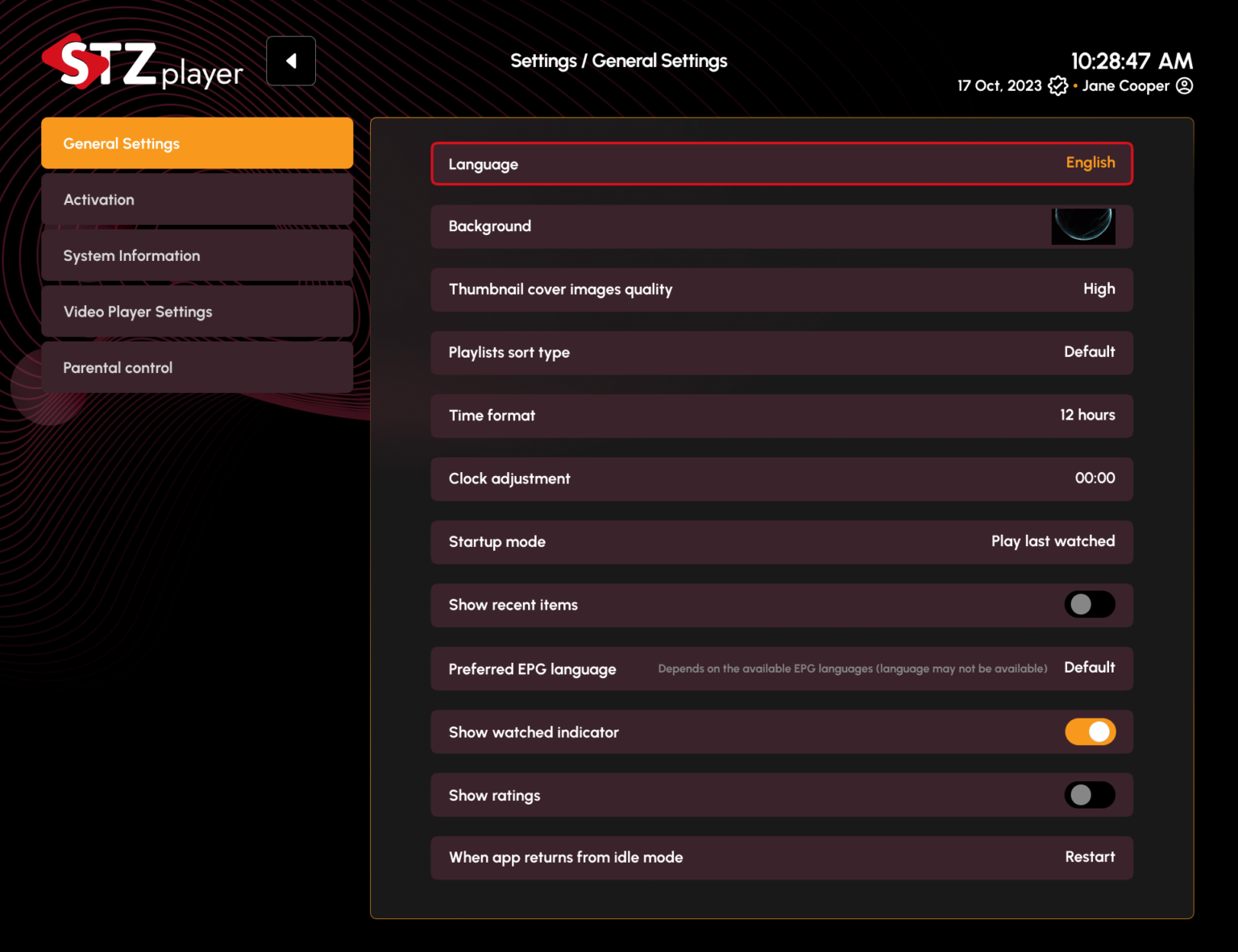 General Settings - STZ Player Documentation