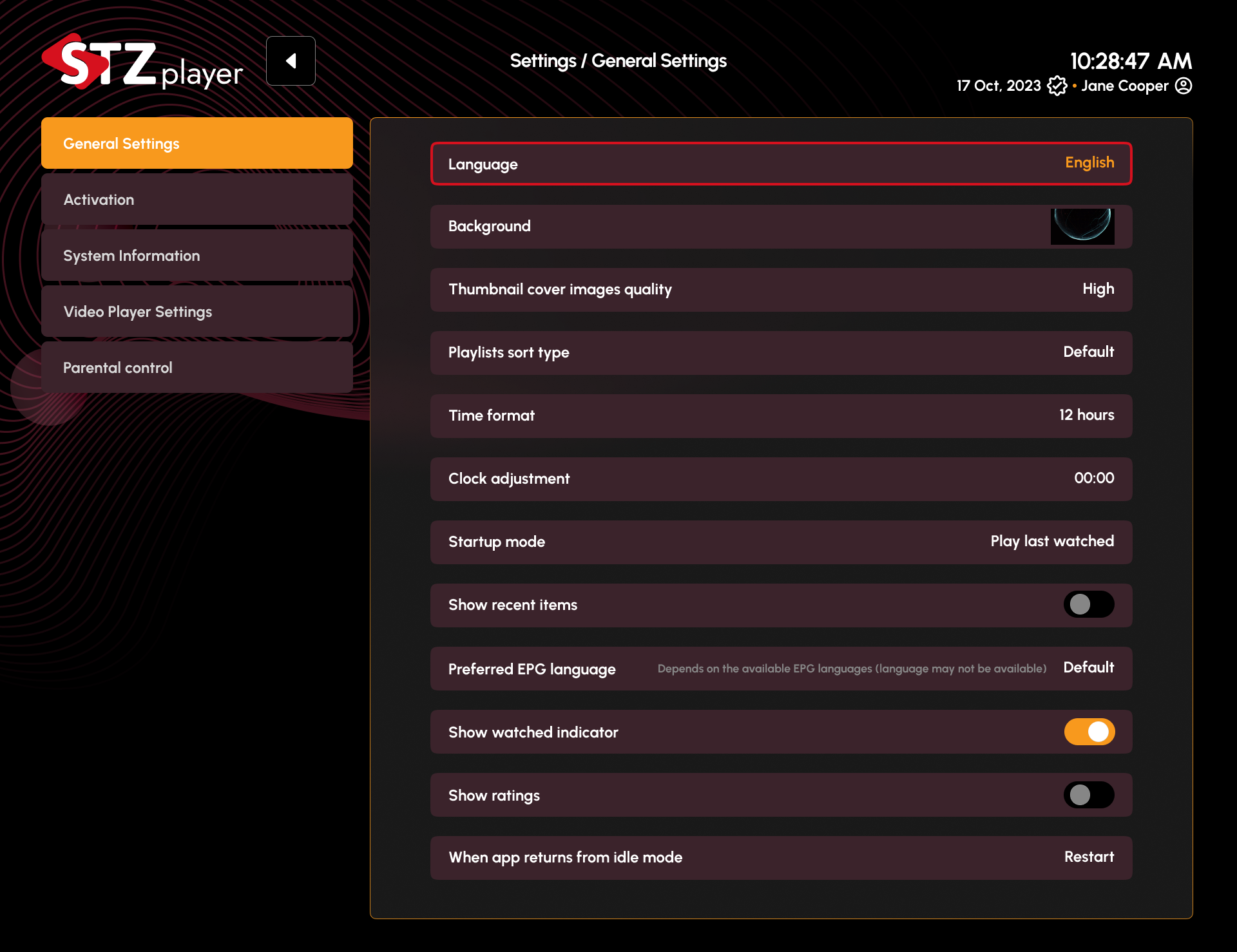 General Settings - STZ Player Documentation