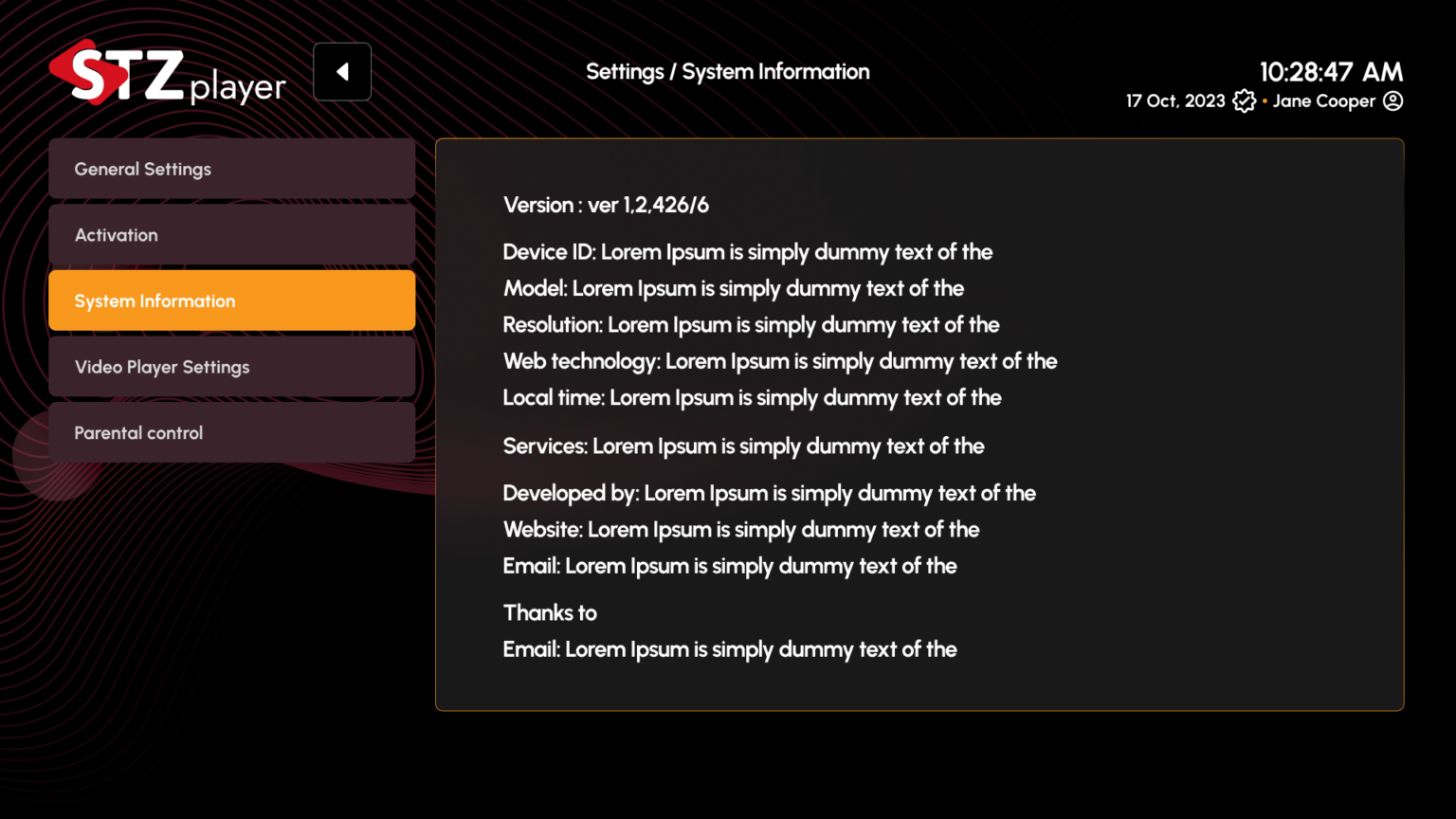 System informations - STZ Player Documentation