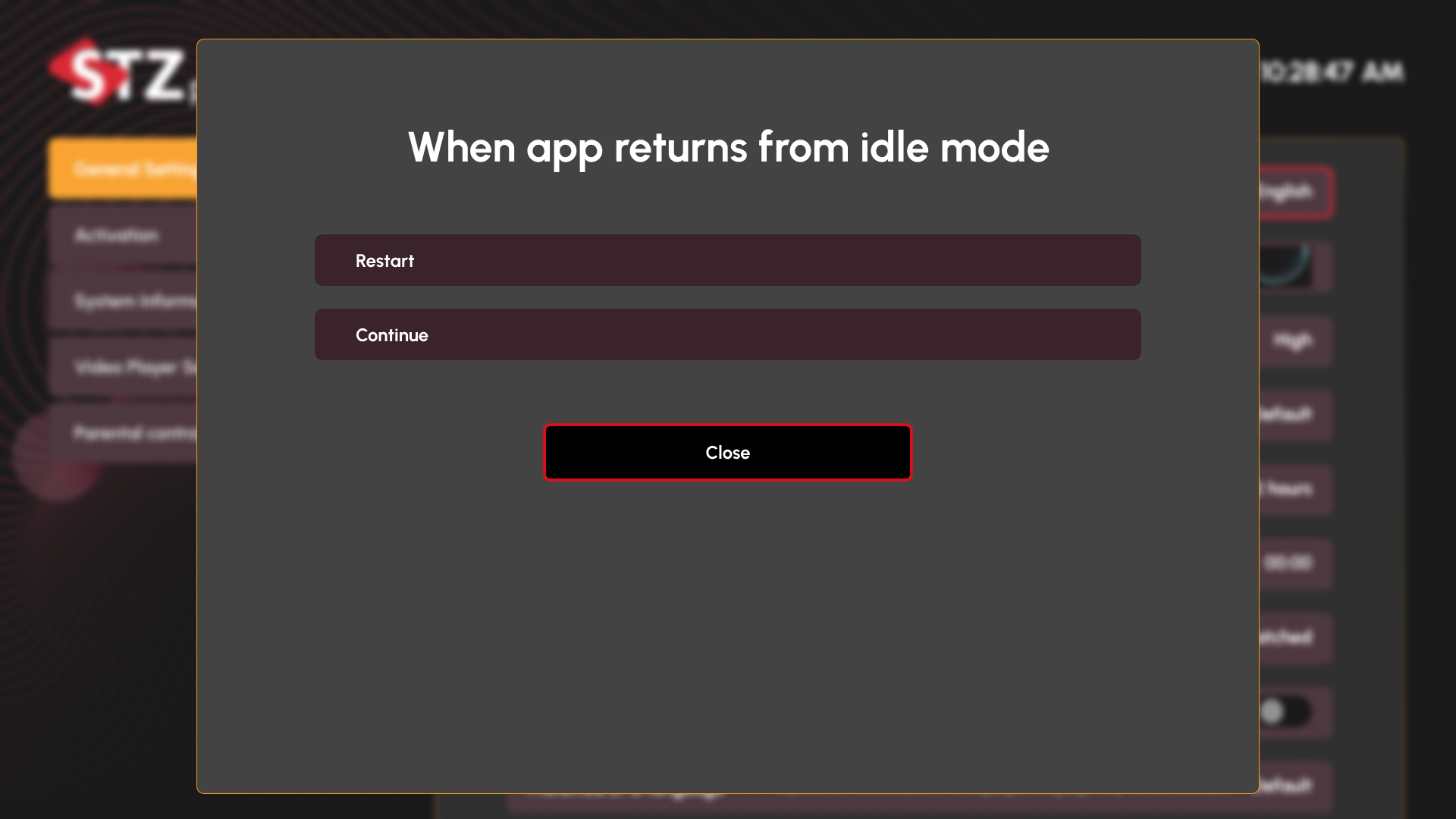 Idle Mode Recovery Settings - STZ Player Documentation
